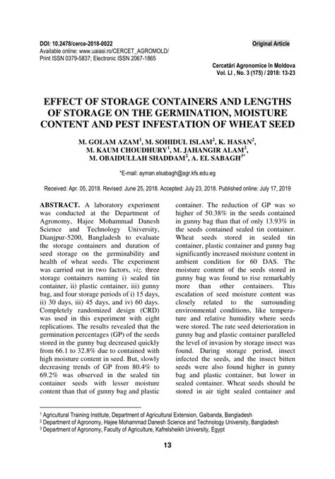 Pdf Effect Of Storage Containers And Lengths Of Storage On The Germination Moisture Content