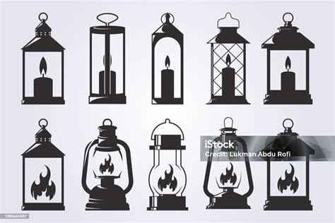 세트 및 번들 및 다양한 실루엣 랜턴 또는 교수형 램프 또는 캔들 일러스트 레이 션 아이콘 기호 로고 벡터 디자인 빈티지 복고풍 스타일 랜턴에 대한 스톡 벡터 아트 및 기타