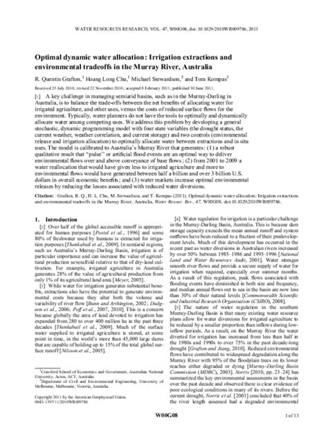 Pdf Optimal Dynamic Water Allocation Irrigation Extractions And Environmental Tradeoffs In