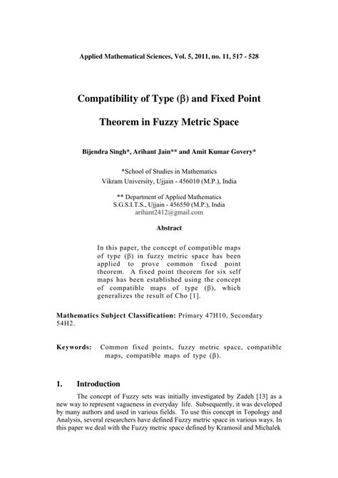 Pdf Compatibility Of Type β And Fixed Point Theorem In Fuzzy Metric