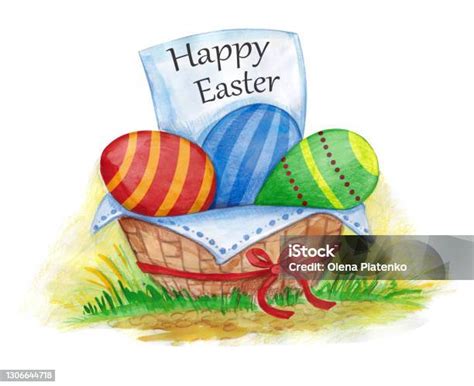 부활절 달걀 바구니 친구 나 가족을위한 엽서 스티커 또는 인쇄를 위한 격리된 수채화 그림 수제 작품 가족에 대한 스톡 벡터 아트 및 기타 이미지 Istock