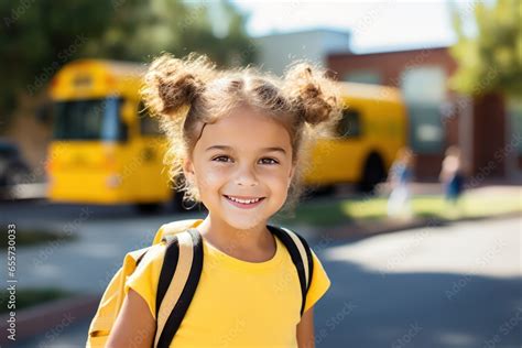 Cheerful 5 Year Old Girl In Blank White T Shirt With Yellow School Bus