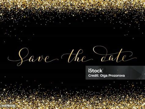 떨어지는 반짝이 색종이 프레임 날짜 카드를 저장 합니다 블랙에 반짝 벡터 황금 먼지입니다 입자에 대한 스톡 벡터 아트 및 기타 이미지 Istock