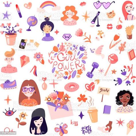 페미니스트와 귀여운 소녀 파워 일러스트 세트 여자 초상화 꽃 스티커 꽃 장식 과자 귀여운 만화 페미니스트 소녀 전원 컬렉션 여성