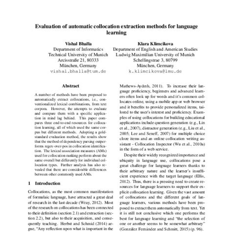 Evaluation Of Automatic Collocation Extraction Methods For Language Learning Acl Anthology