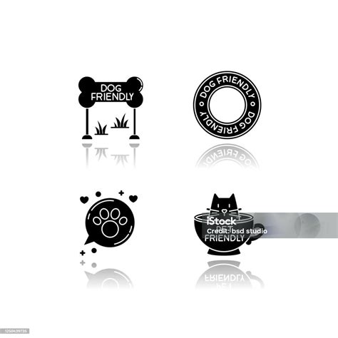 고양이와 개 친화적 인 영역 엠블럼은 그림자 검은 글리프 아이콘 세트를 드롭합니다 네 발로 다리가 있는 친구들은 영토 표지판을