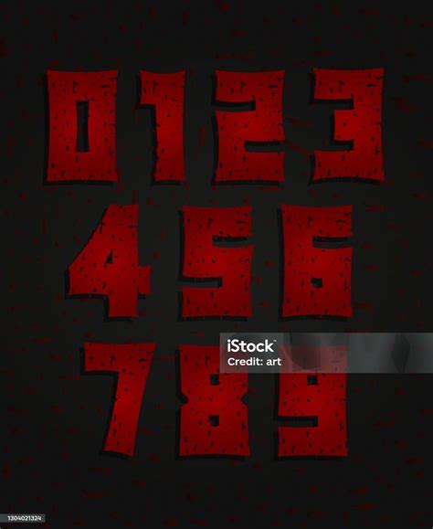 공포 무서운 숫자 세트 피 묻은 배경에 미친 공포 잔인한 글꼴 범죄 또는 범죄 공포 어두운 밤 사악한 끔찍한 디자인 등을 위해 더러운에 대한 스톡 벡터 아트 및 기타 이미지