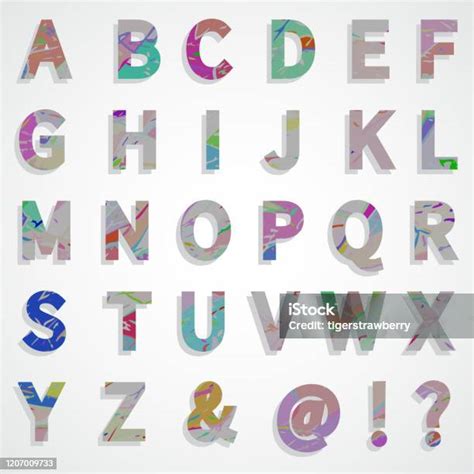 영어 알파벳의 벡터 집합입니다 수채화 손으로 그린 패턴과 질감 글꼴귀여운 다채로운 알파벳 자본 Abc 구두점이 있는 소문자 및 대문자입니다 그림 0명에 대한 스톡 벡터 아트