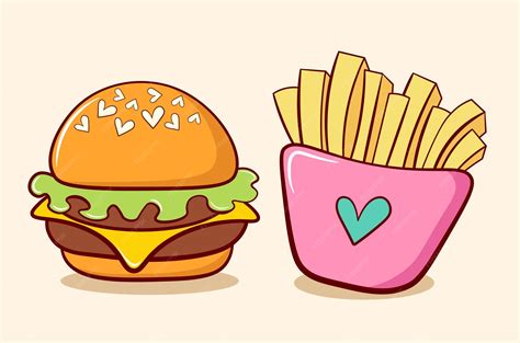 손으로 그린 햄버거와 감자 튀김 벡터 패스트 푸드 벡터 프리미엄 벡터