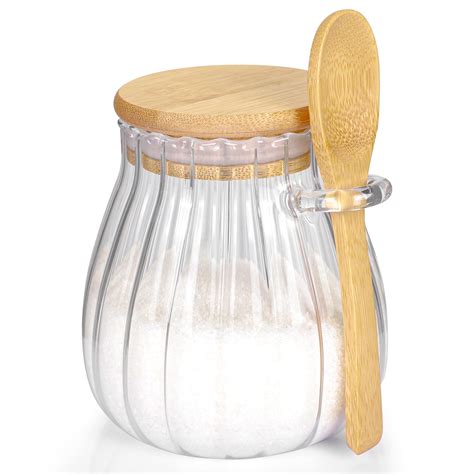 Holoith Sugar Container With Bamboo Lid And Spoon 15 Oz Sugar Bowl Glass Jar For Coffee Bar