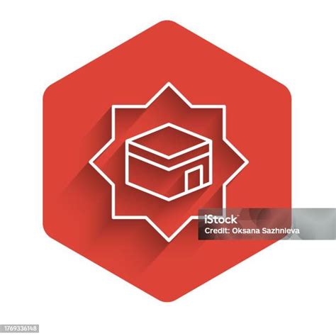 흰색 라인 Kaaba 모스크 아이콘은 긴 그림자 배경으로 고립되어 있습니다 Kaaba Hajj 메카는 순례 라마단 이슬람 이슬람 모스크를 기도합니다 빨간색 육각 버튼 벡터