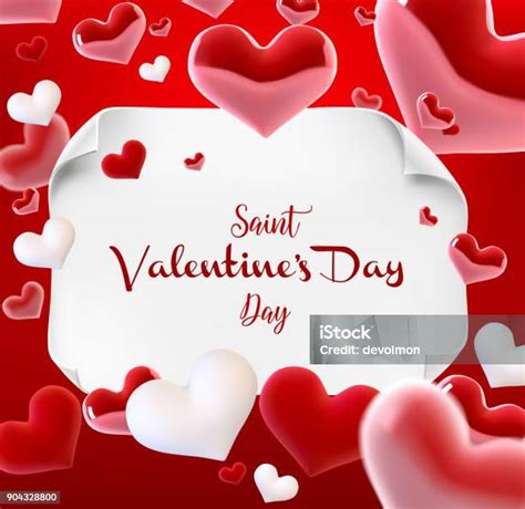 발렌타인 데이 S 많은 마음 Cincept 벡터 일러스트입니다 얇은 사각형 프레임으로 3d 화려한 마음입니다 귀여운 사랑 템플릿 배너 또는 곡선된 모서리와 종이 시트 메모