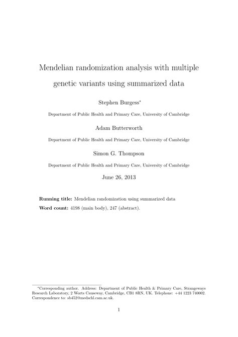 Pdf Mendelian Randomization Analysis With Multiple Genetic Variants Using Summarized Data