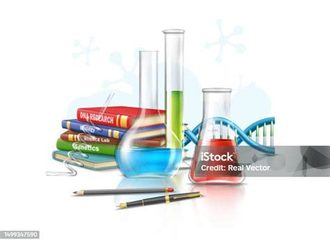 사실적인 벡터 그림입니다 실험실 유리 제품 튜브 및 비커 책 및 Dna 생물학 및 의학 3차원 형태에 대한 스톡 벡터 아트 및 기타 이미지 Istock