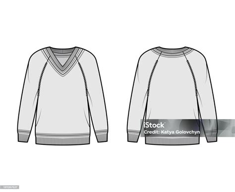 스트라이프 리브 V넥 긴 라글란 슬리브 힙 길이 니트 커프 트리밍이 있는 크리켓 스웨터 테크니컬 패션 일러스트 0명에 대한 스톡