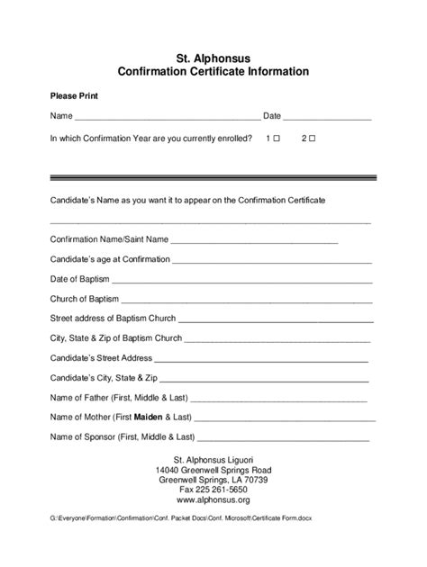 Fillable Online St Alphonsus Confirmation Certificate Information Fax Email Print Pdffiller