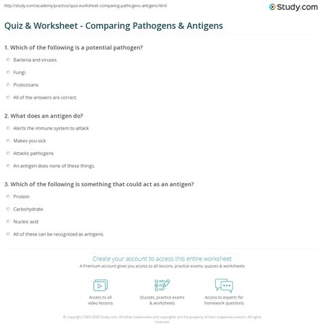 Quiz And Worksheet Comparing Pathogens And Antigens
