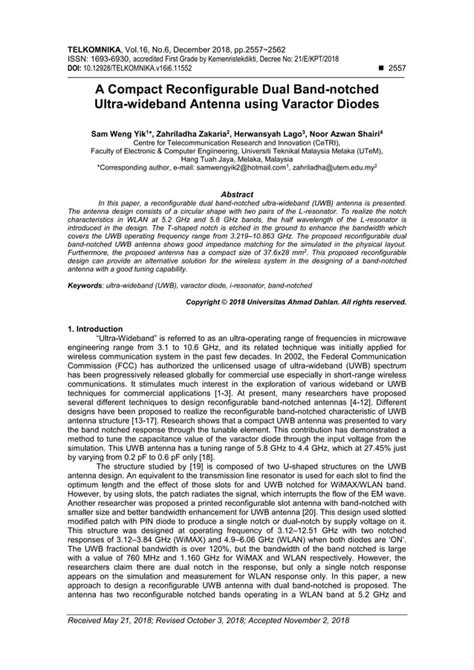 A Compact Reconfigurable Dual Band Notched Ultra Wideband Antenna Using Varactor Diodes Pdf