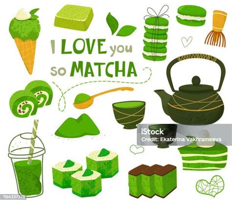 말차의 차 상품세트 말차 분말 마카롱 아이스크림 케이크 대나무 숟가락 주전자 음료 과자 차 차 잎 손으로 그린 벡터 세트입니다
