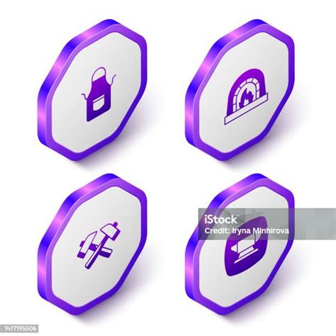 아이소메트릭 대장장이 앞치마 오븐 교차 망치 및 모루 도구 아이콘을 설정합니다 보라색 육각형 버튼 벡터 3차원 형태에 대한 스톡