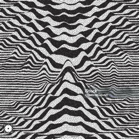 파형 배경입니다 동적 시각적 효과입니다 표면 왜곡입니다 흑인과 백인 소리 파도입니다 착시와 다 패턴입니다 점묘 벡터 일러스트입니다 3차원 형태에 대한 스톡 벡터 아트 및