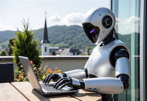 Humanoid Robot Working On Laptop Computer Artificial Intelligence Concept Stock Illustration