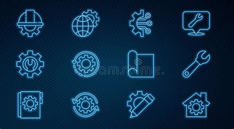 Set Line House With Gear Wrench Spanner Algorithm Gear And Arrows As Workflow Worker Safety