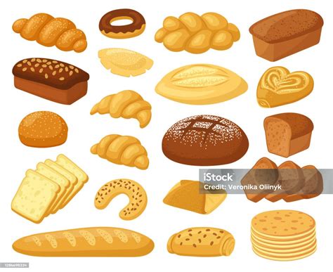 만화 빵 베이커리 제품 롤 바게트 빵 덩어리와 토스트 달콤한 도넛 케이크와 크루아상 페이스트리 밀 제품 벡터 일러스트레이션 빵에 대한 스톡 벡터 아트 및 기타 이미지