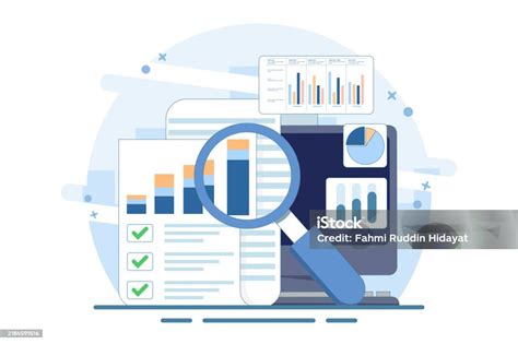 그래프를 사용한 회계 분석 개념 컴퓨터에 대한 감사 연구 평면 만화 Pc 및 돋보기에서 큰 종이 재무 보고서 데이터 분석 디지털