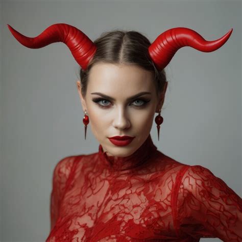 A Woman Wearing A Red Devil Costume With Horns Premium Ai Generated Image
