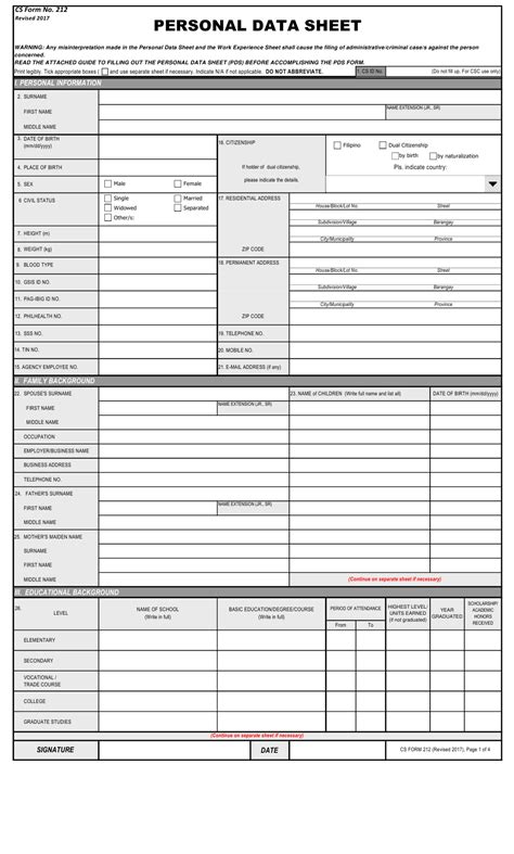 Personal Data Sheet Printable