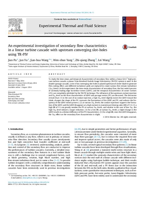 Pdf An Experimental Investigation Of Secondary Flows And Loss