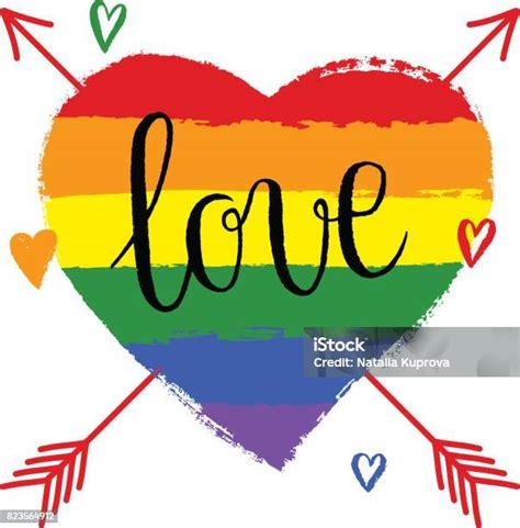 Lgbt 게 이와 레즈비언 프라이드 인사말 카드 스펙트럼 손으로 그린 레인 보우 하트와 화살표 발렌타인의 날 포스터 흰색 배경에