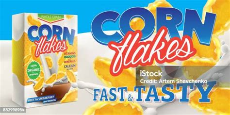 콘플레이크 상자와 쏟아지는 우유 벡터 현실적인 그림의 큰 스플래시 포스터 광고 상자에 대한 스톡 벡터 아트 및 기타 이미지 상자 광고 음식 Istock