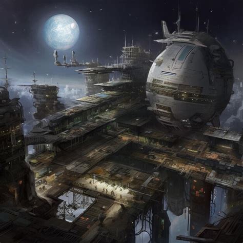 Premium Ai Image Spaceships And Ships In A Futuristic City At Night With A Full Moon Generative Ai
