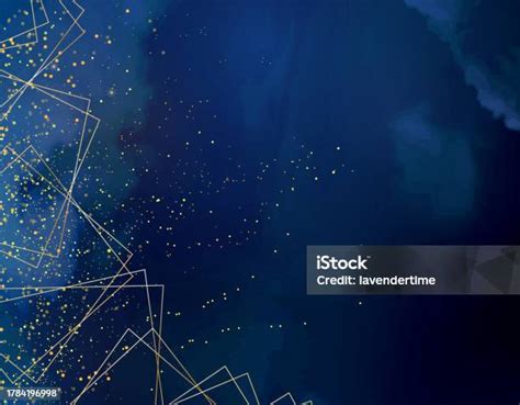 반짝이는 별과 마법의 밤 어두운 푸른 하늘 골드 글리터 파우더 스플래시 벡터 배경 황금 산란 먼지 질감에 대한 스톡 벡터 아트