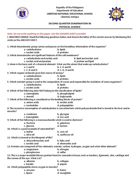 Second Quarter Exam In Physical Science Pdf Reaction Rate