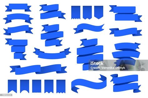 파란색 리본 배너 및 플래그입니다 플래그 모양 배너 장식 테이프 및 곡선 배지 플랫 벡터 세트입니다 페넌트 라벨 및 스트리머