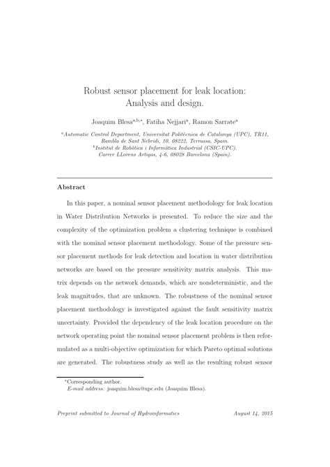Pdf Robust Sensor Placement For Leak Location Analysis And Design