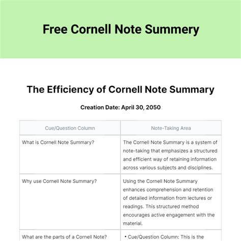 Free Cornell Note Templates To Edit Online