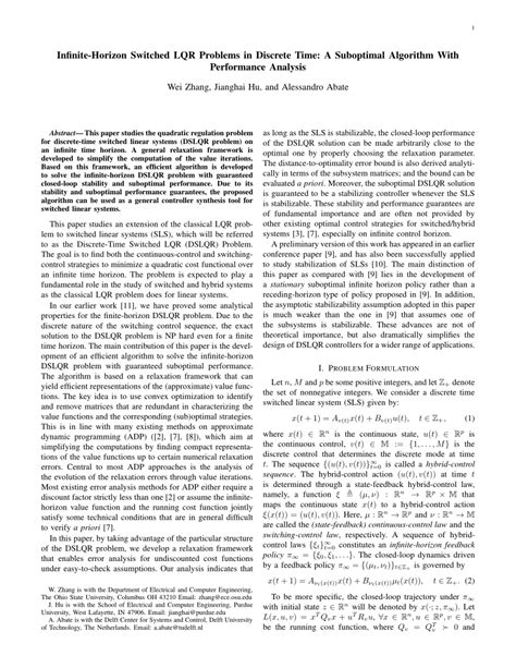 Pdf Infinite Horizon Switched Lqr Problems In Discrete Time A Suboptimal Algorithm With
