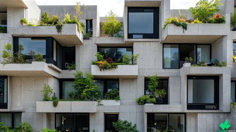 Modern Architecture Residential Building With Geometric Design And Lush Green Balconies Stock