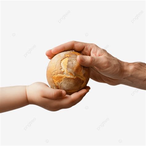 성인 손이 어린이에게 지구본을 전달하는 순간을 포착하는 이미지 일반은 손을 강조하기 위해 사용되며 빵과 시리얼 지구본을 사용하여