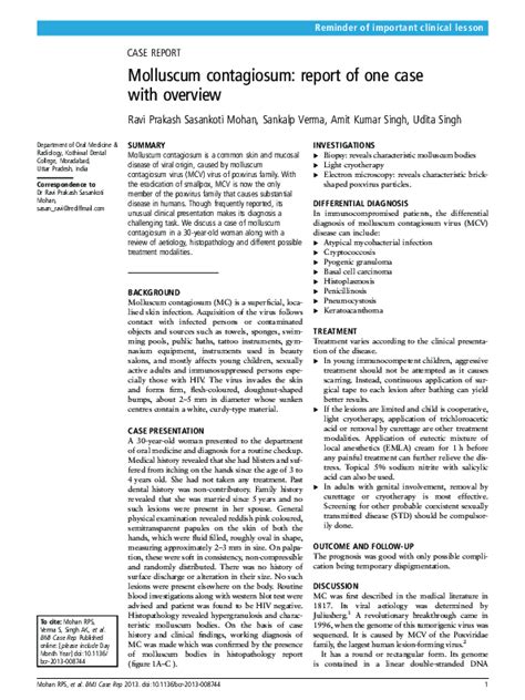 Pdf Molluscum Contagiosum Report Of One Case With Overview Sankalp
