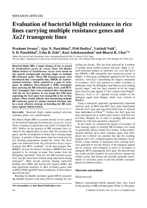 Pdf Evaluation Of Bacterial Blight Resistance In Rice Lines Carrying Multiple Resistance Genes