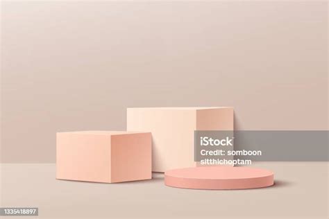 받침대 연단이있는 3d 추상 스튜디오 룸 조명과 그림자파스텔 핑크와 라이트 베이지 색 기하학적 플랫폼 화장품 시연을 위한 최소한의 장면 쇼케이스 프로모션 디스플레이 메달