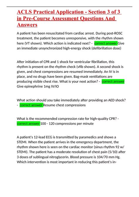 Acls Practical Application Section 3 Of 3 In Pre Course Assessment Questions And Answers