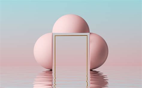 골든 스퀘어 프레임 분홍색 반구 젖은 바닥의 물에 반사가 있는 3d 렌더링 추상적인 현대 미니멀 핑크 블루 배경 제품 표시를 위한 공간으로 쇼케이스 0명에 대한 스톡 사진