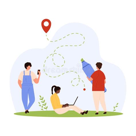 Gps Navigation Service Tracking Mobile App Tiny People Holding Marker To Mark Route Stock