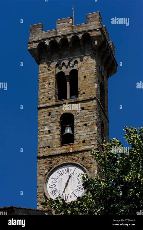 one handed clock on romanesque campanile built in 1213 of fiesole